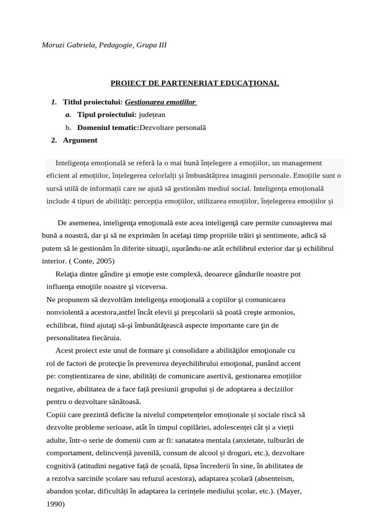 Proiect de Parteneriat Educational Gestionarea Emotiilor | PDF