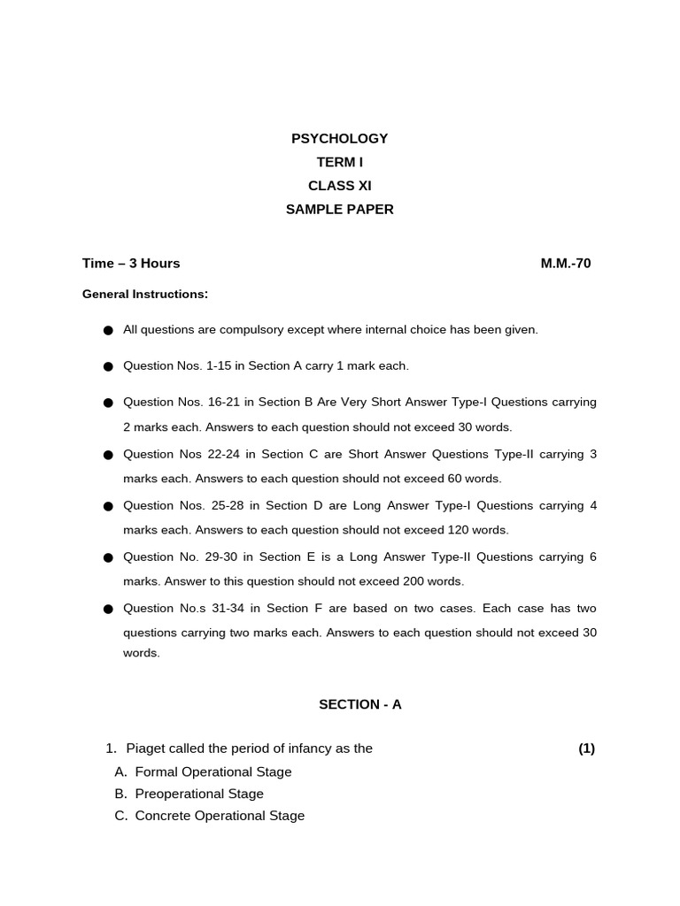 Term 1 Psychology Sample Paper Class XI | PDF