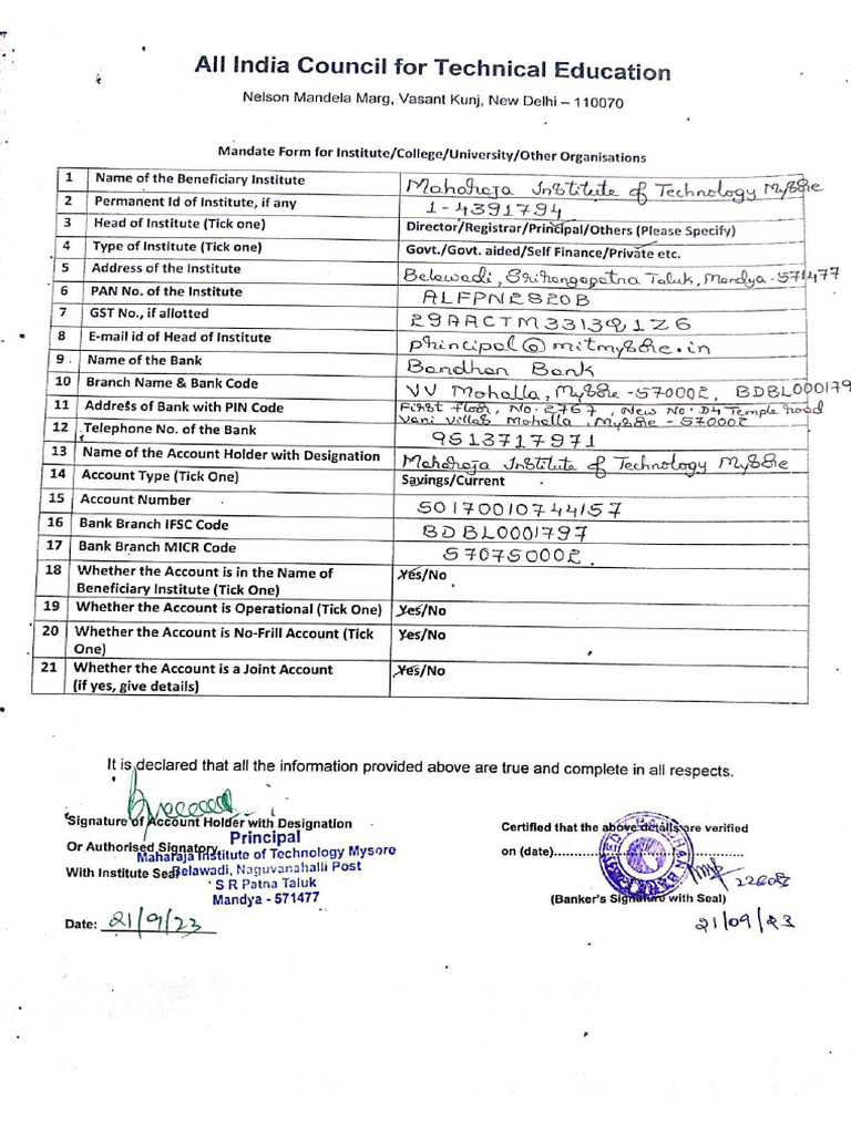 AICTE Mandatory Form | PDF