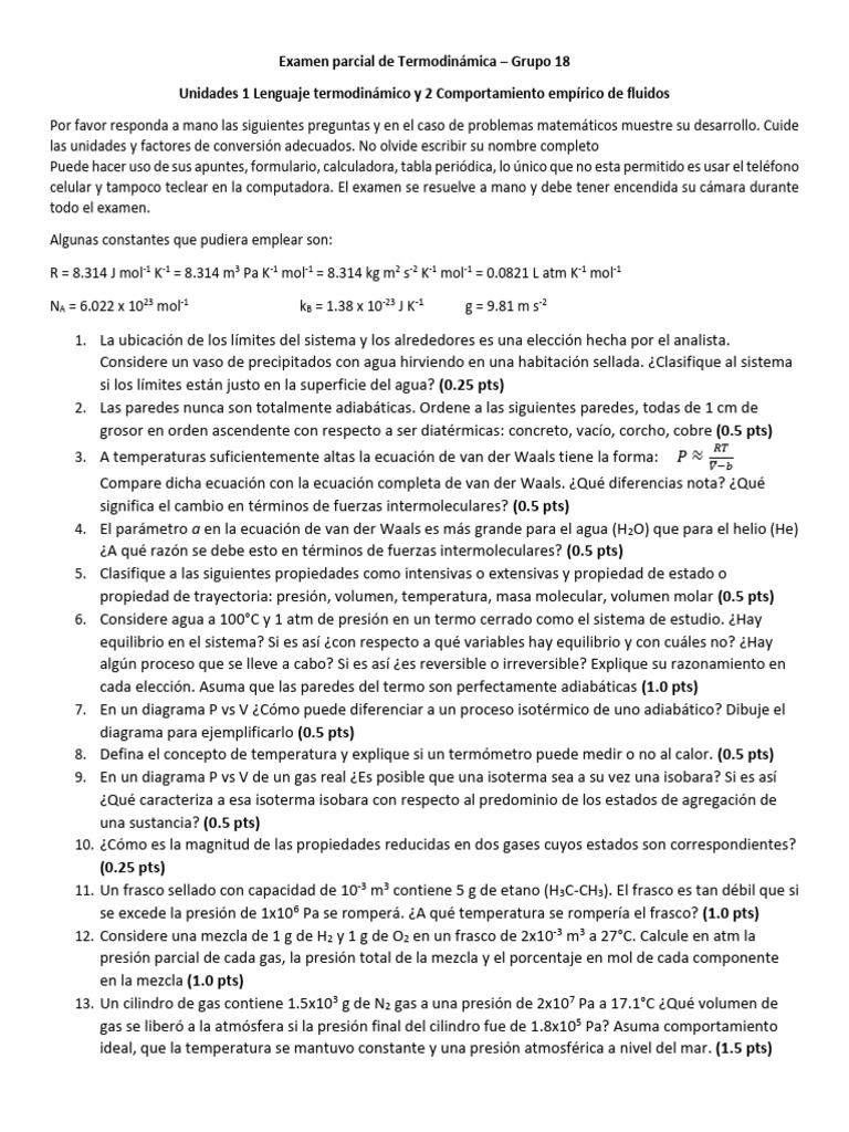 Examen Parcial 1 Termodinamica | PDF | Gases | Temperatura
