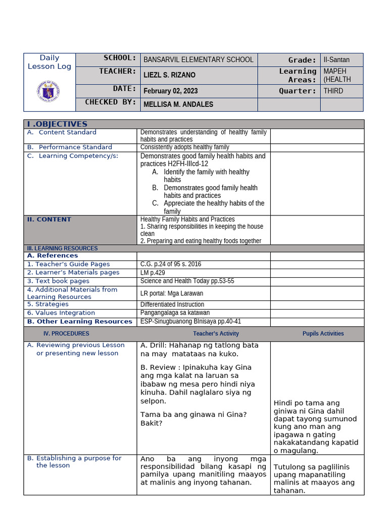Cot - Daily Lesson Log Mapeh - 2 Health - Rizano | PDF