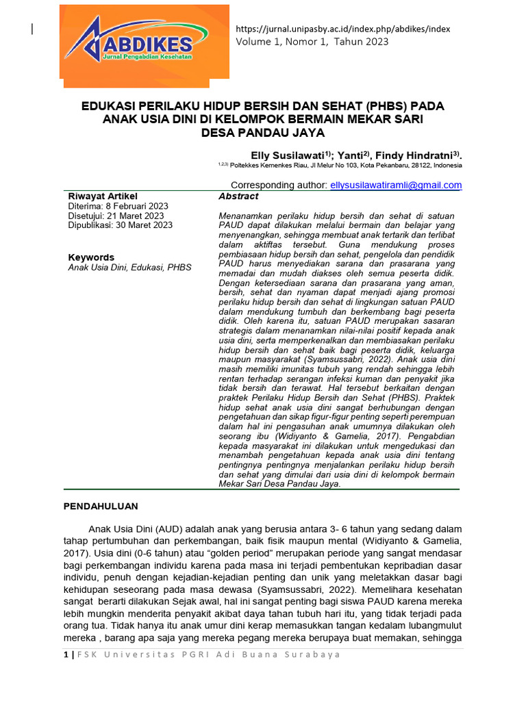 Edukasi Perilaku Hidup Bersih Dan Sehat (PHBS) Pada Anak Usia Dini Di Kelompok Bermain Mekar ...