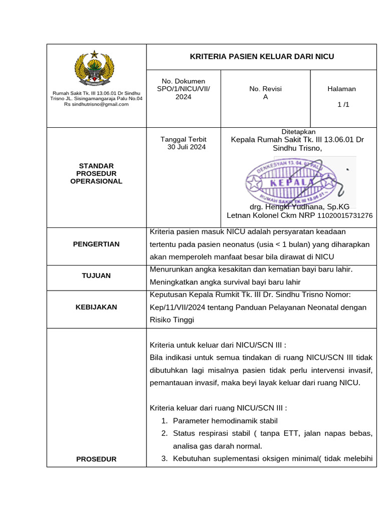 Spo Kriteria Keluar Nicu | PDF