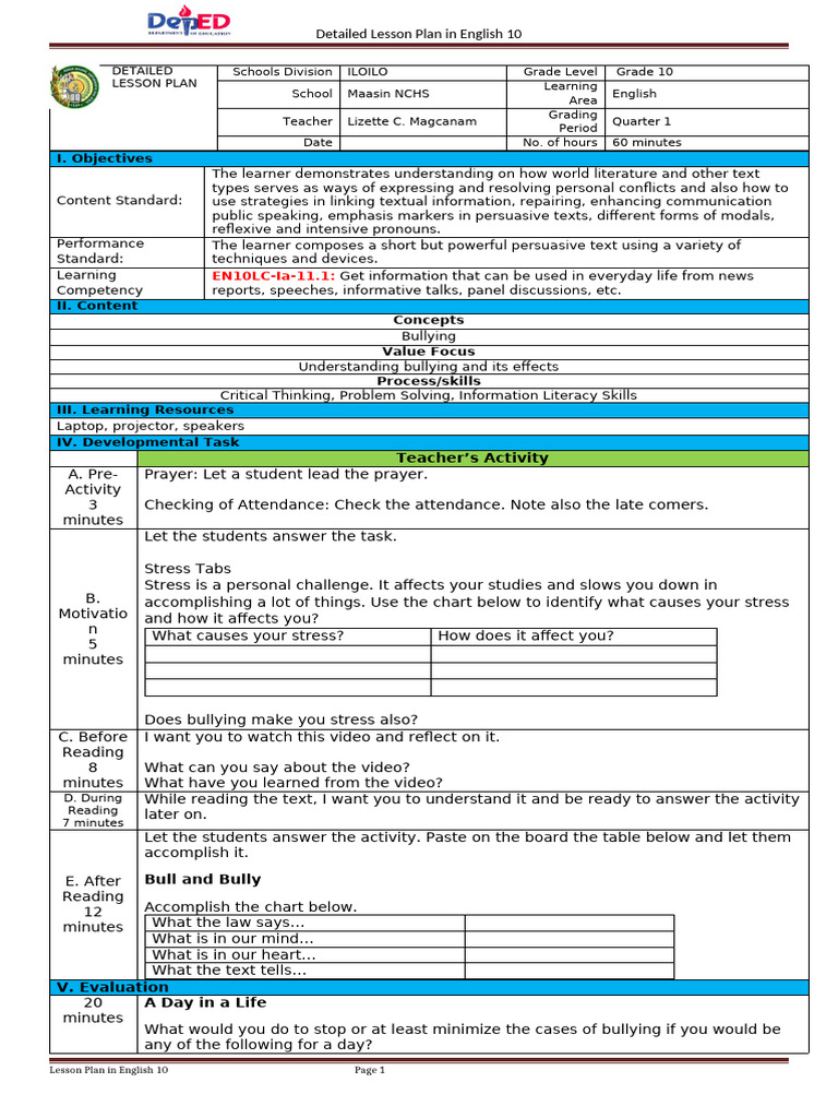 DLP Observation Class - 1st - Bullying | PDF | Learning | Lesson Plan