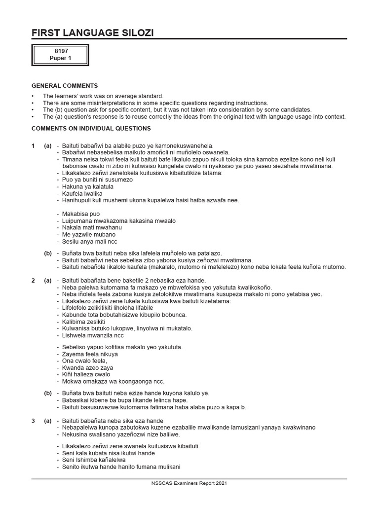 First Language Silozi: 8197 Paper 1 | PDF
