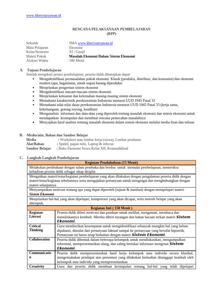Rencana Pelaksanaan Pembelajaran (RPP) : Masalah Ekonomi Dalam Sistem ...