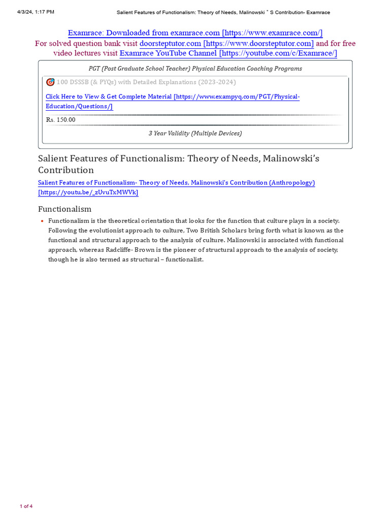 Functionalism & Malinowski's Theory | PDF | Liberal Arts Education ...