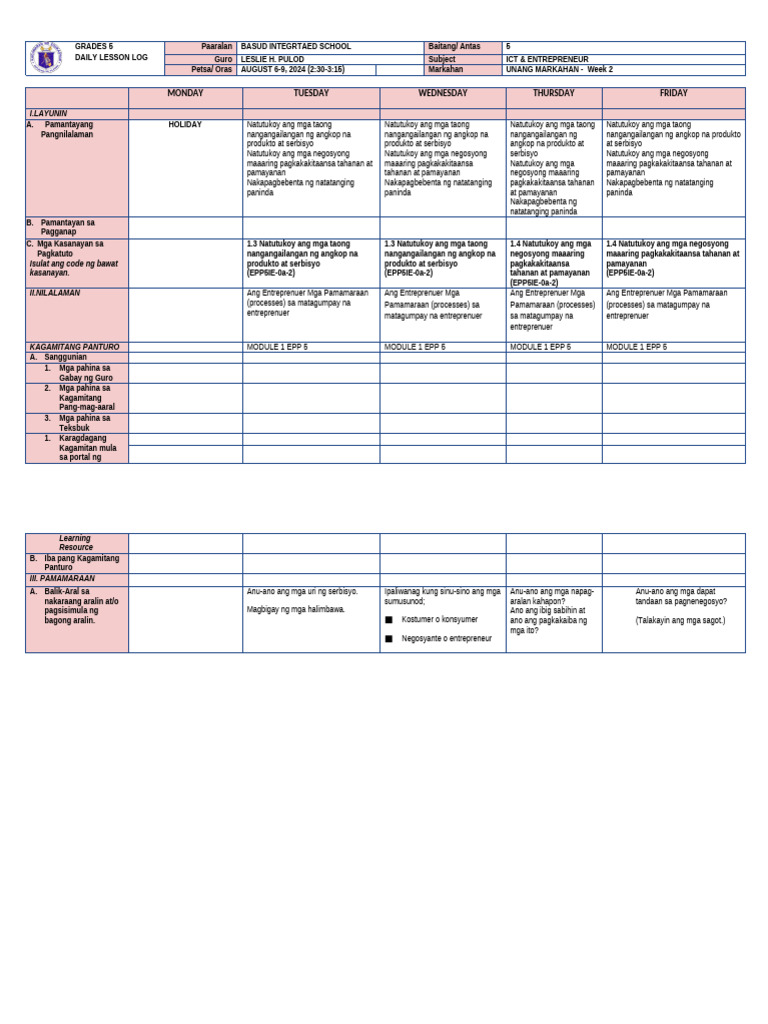 DLL WEEK 2 EPP V | PDF