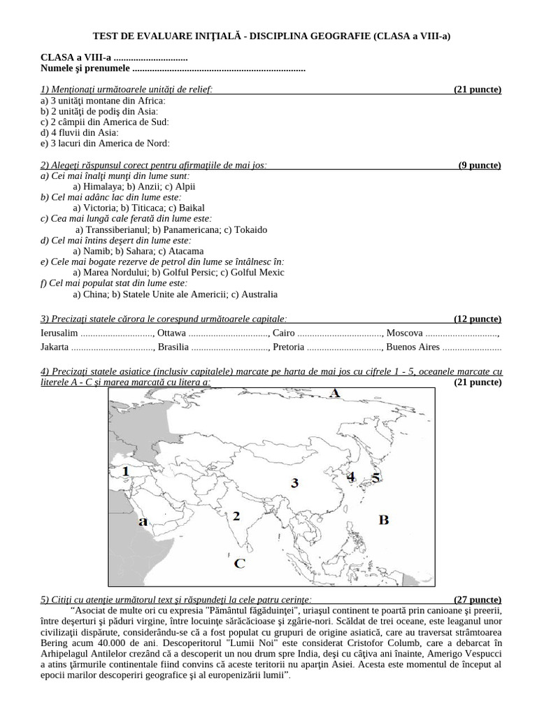 Test Initial Clasa A 8-A | PDF