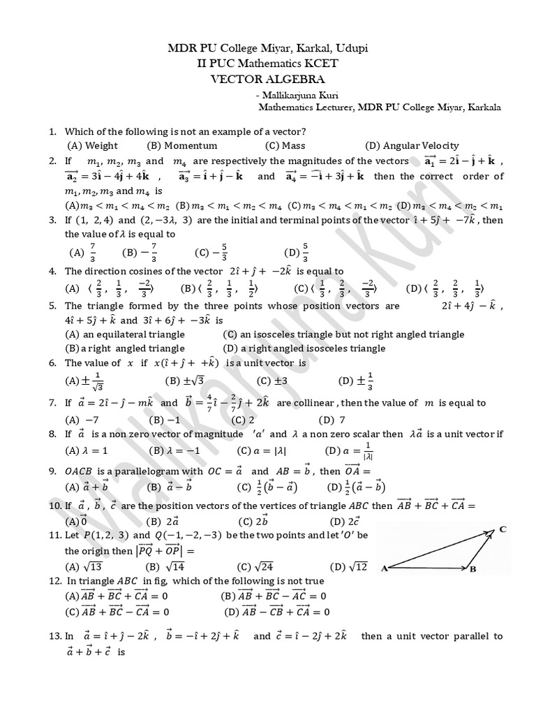 Vector Algebra II PUC Mathematics KCET | PDF