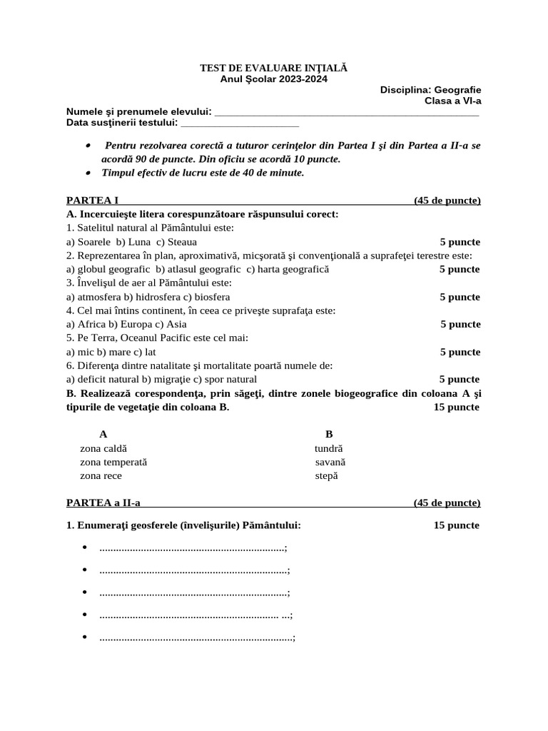 Test Initial Clasa A 6-A | PDF