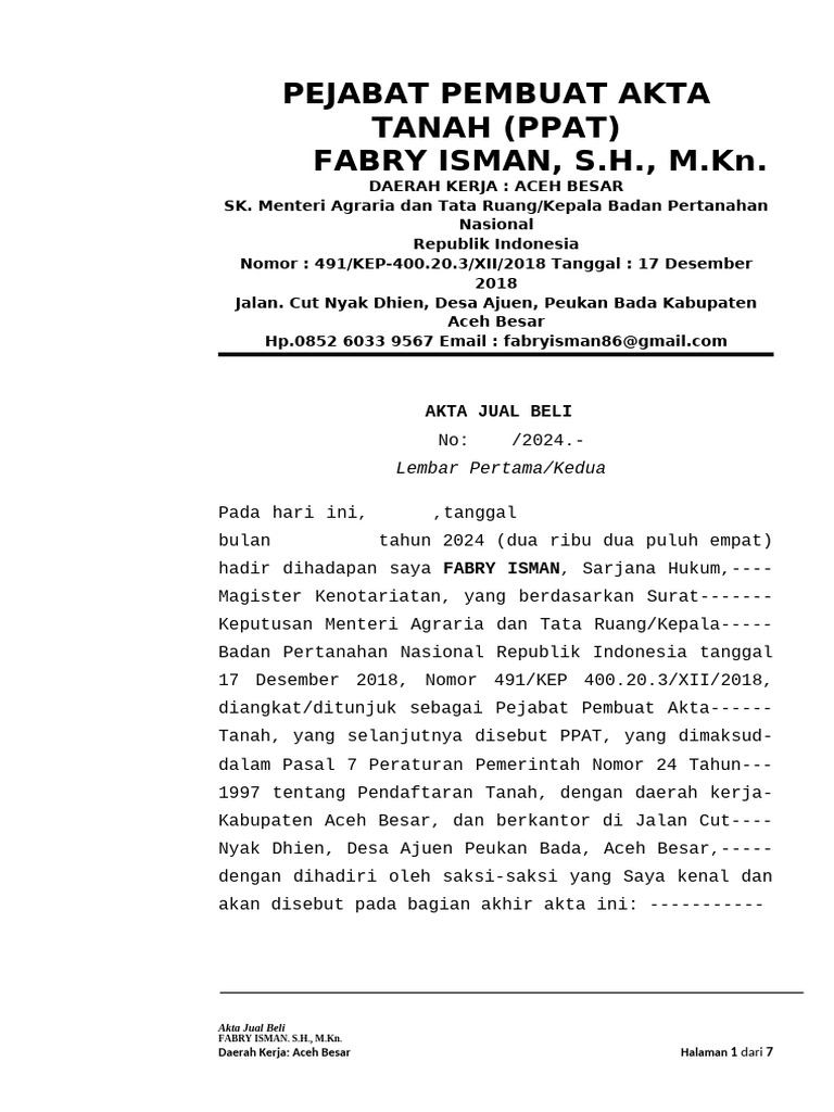 Pejabat Pembuat Akta Tanah (Ppat) Fabry Isman, S.H., M.KN | PDF
