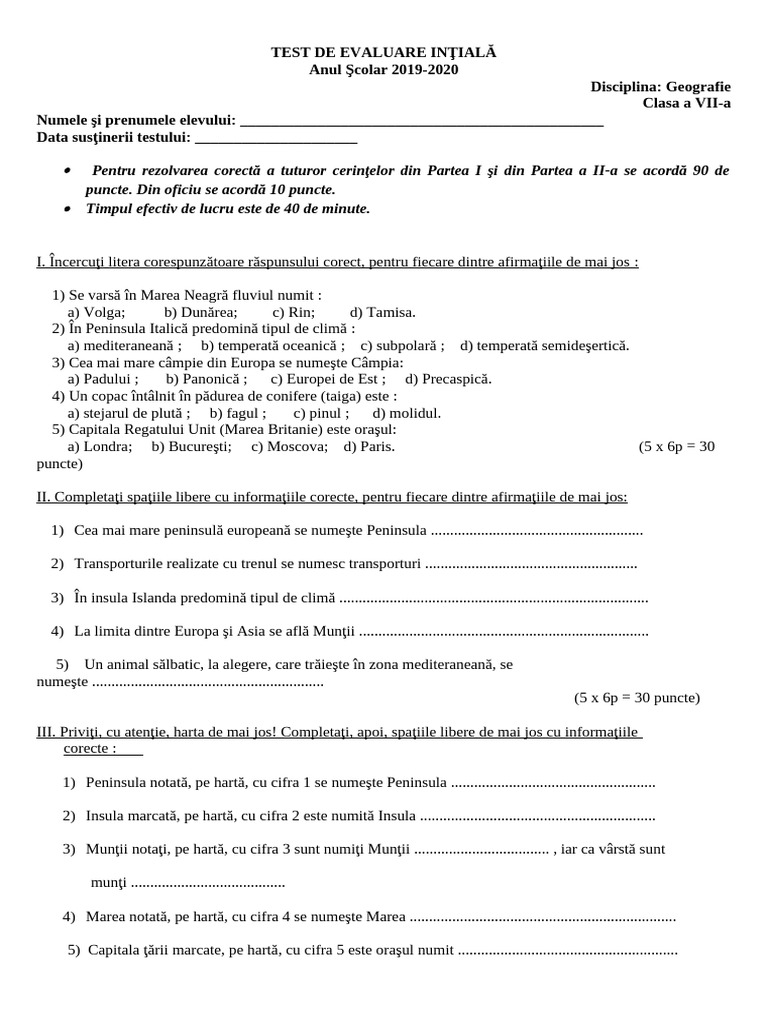 Test Initial Clasa A 7-A | PDF