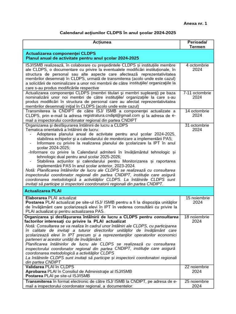 Anexa 1 - Calendar Activitati CLDPS 2024-2025 | PDF