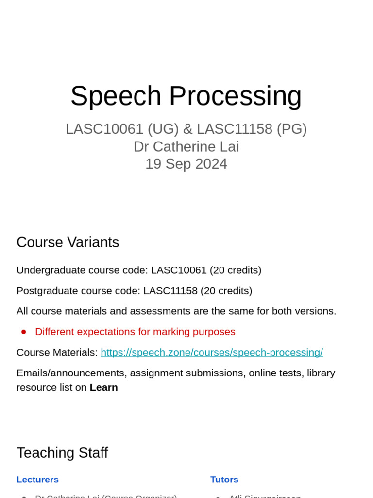 01 Speech Processing Lecture 1a | PDF