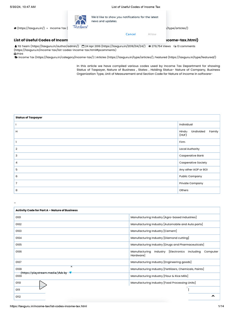 List of Useful Codes of Income Tax | PDF List of Useful Codes of Income Tax | PDF