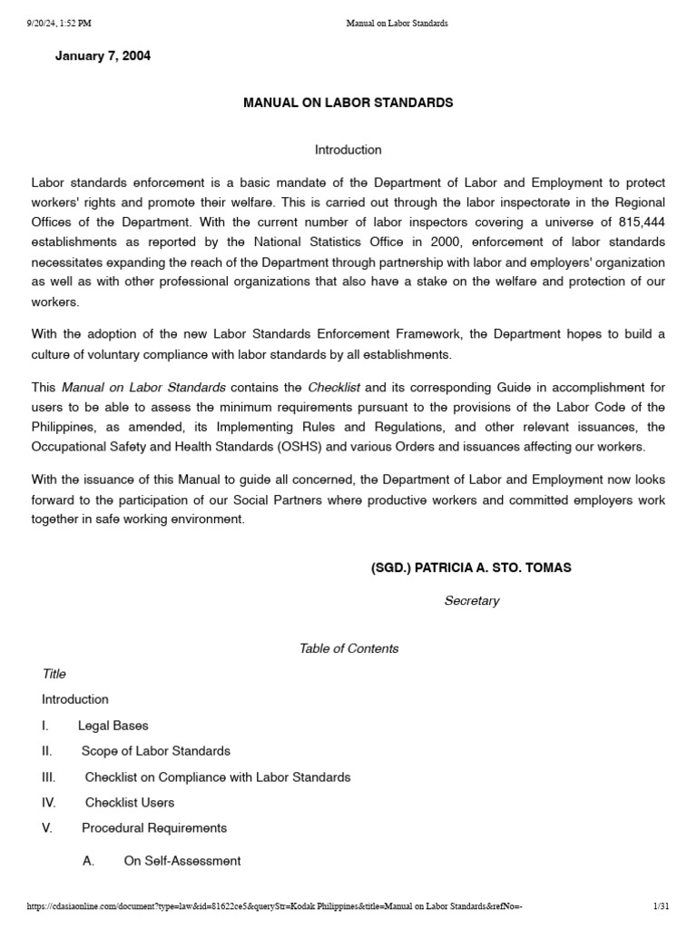 Manual On Labor Standards 2004 - Bureau of Working Conditions | PDF