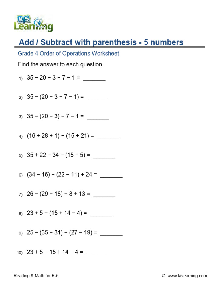 Grade 4 Add Subtract Parenthesis Five Numbers A | PDF