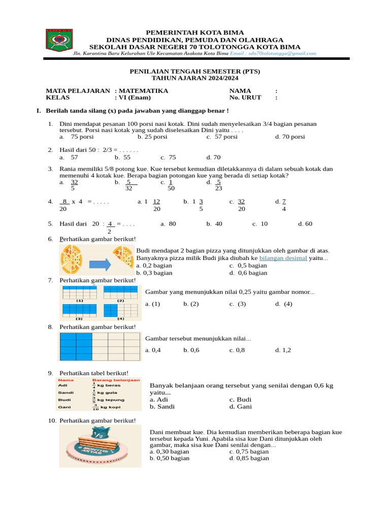 Uts Matematika Kelas 6 | PDF