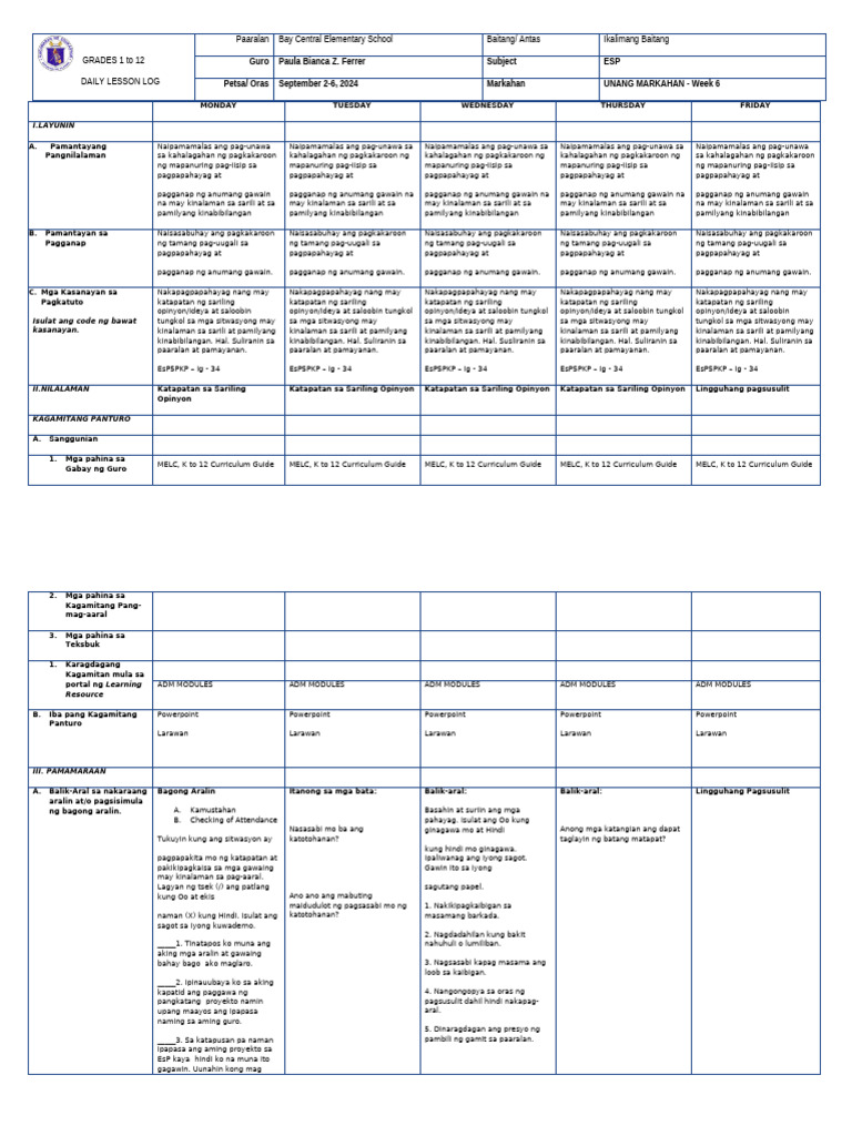 DLL WEEK 6 ESP | PDF