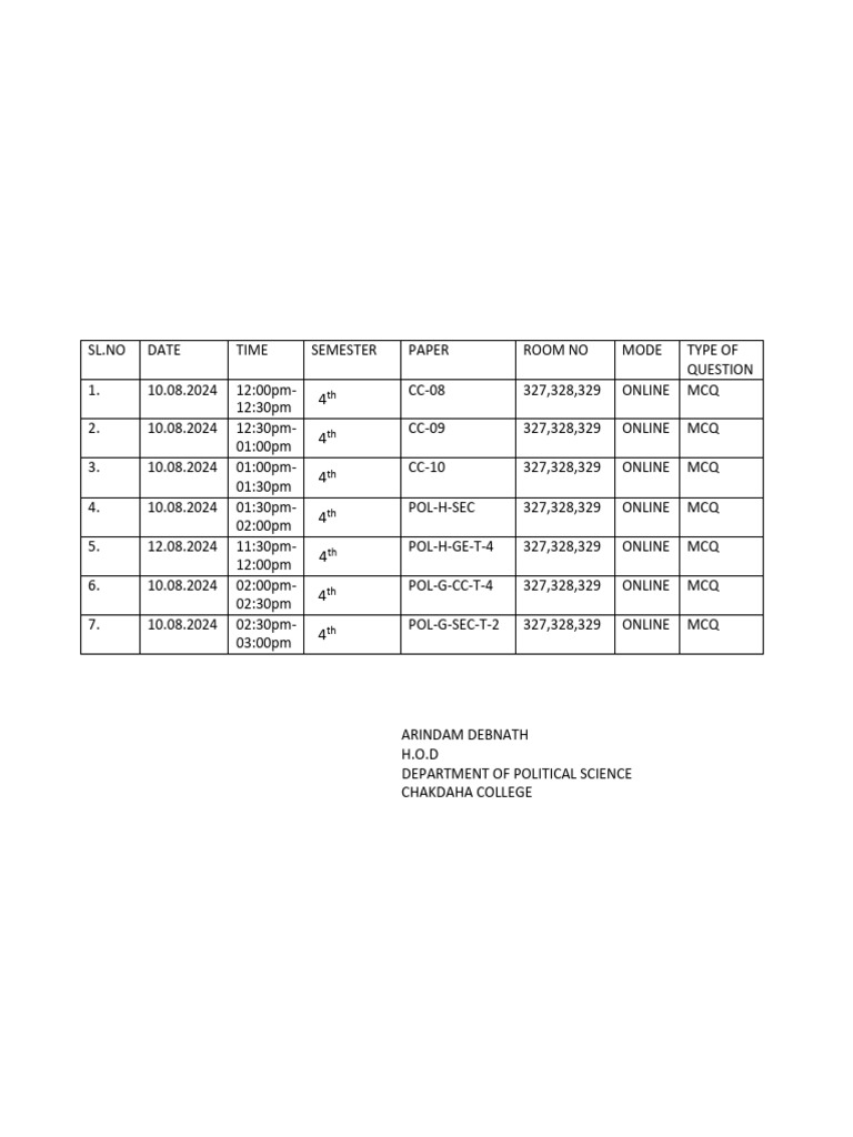Political Science - 4th Sem - Internal Exam Schedule - 2024 | PDF