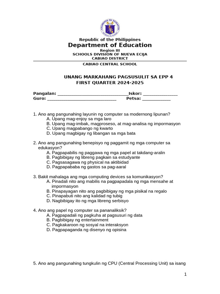 Q1 PT Epp 4 Matatag | PDF
