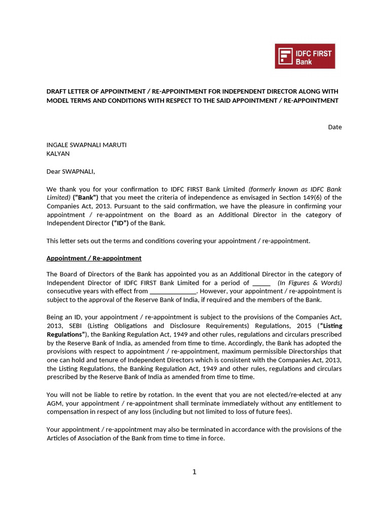 INGALE SWAPNALI MARUTI IDFC-FIRST-Bank-Letter | PDF