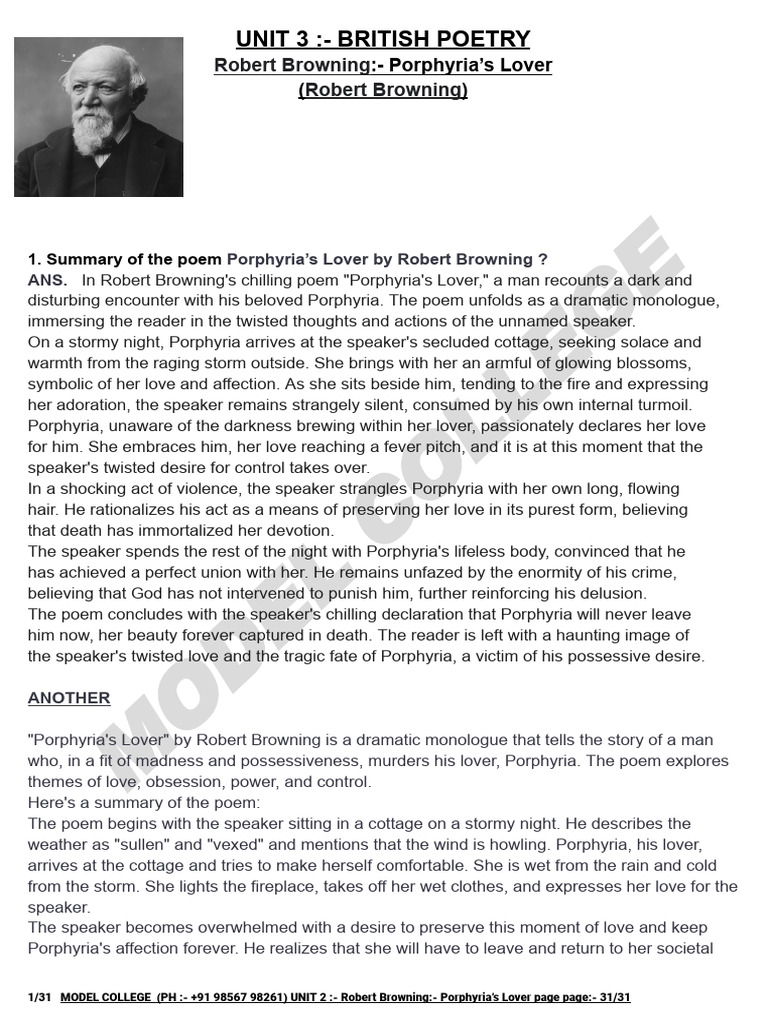 Robert Browning-Porphyria's Lover | PDF