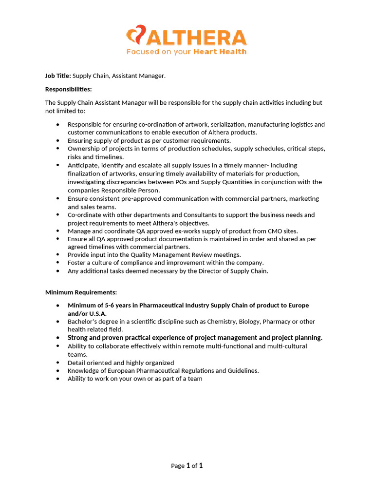 SCM - Job Description Assistant Manager | PDF