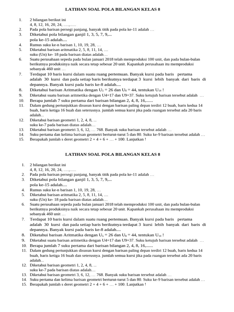 Latihan Soal Pola Bilangan Kelas 8 | PDF