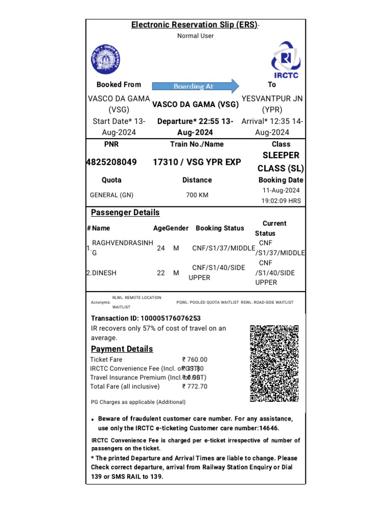 Ticket Vasco To YPR | PDF