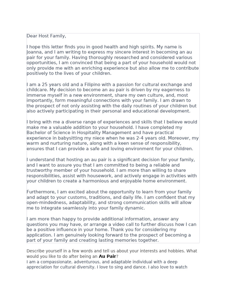 Au Pair Letter | PDF