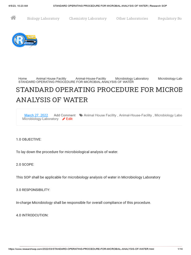 STANDARD OPERATING PROCEDURE FOR MICROBIAL ANALYSIS OF WATER - Research ...