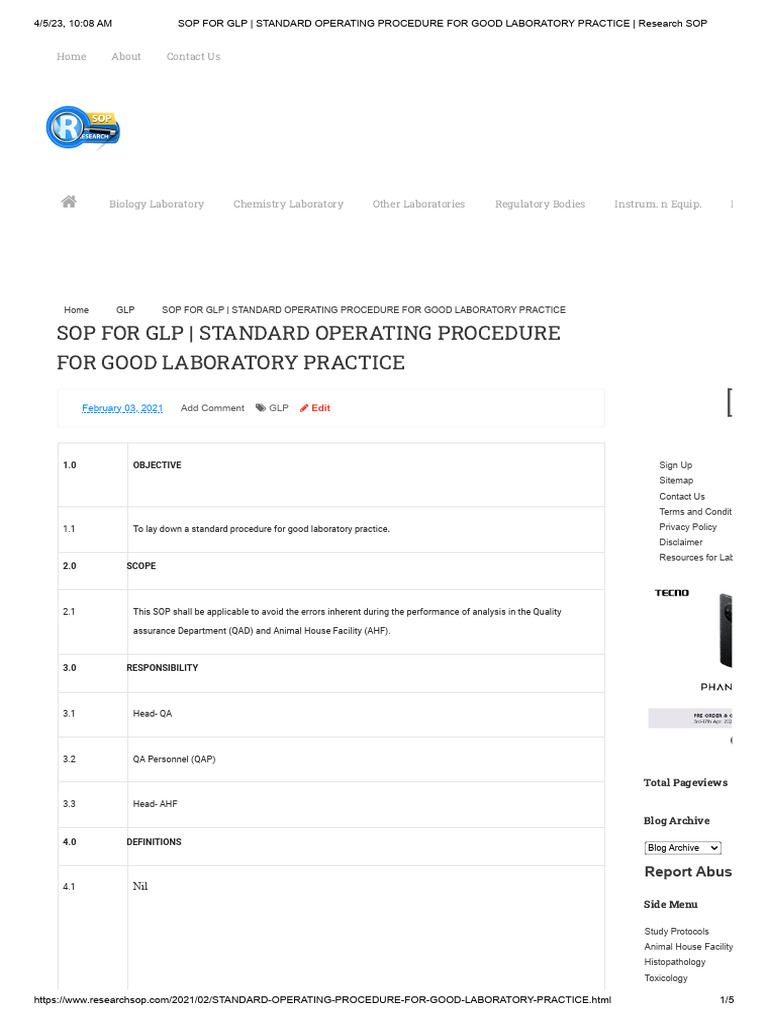 SOP FOR GLP - External | PDF