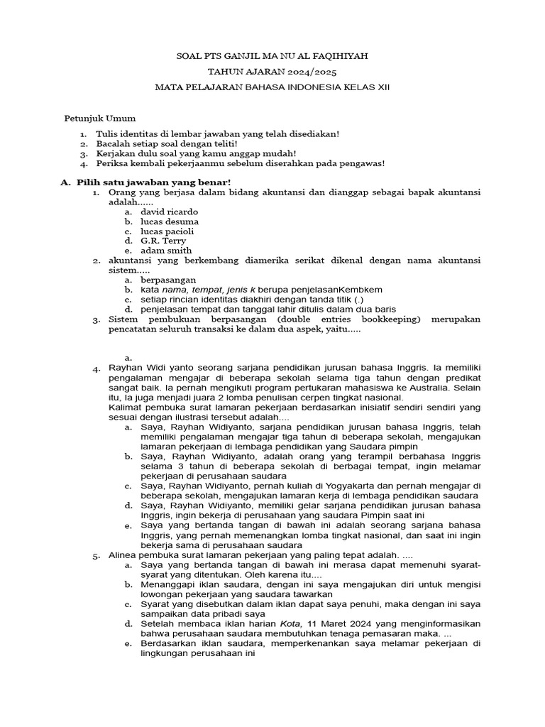 35 Butir Soal Pts Ganjil, Bahasa Indonesia Kelas Xii | PDF