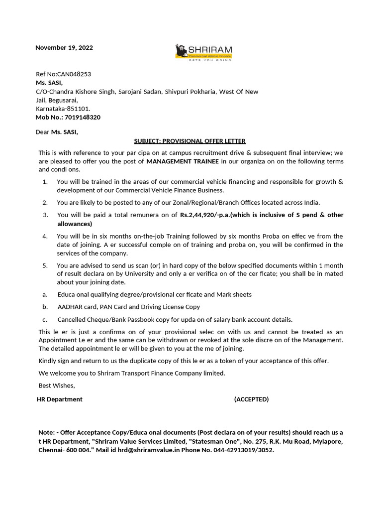 Nair Anoop Sasi Sudha-Shriram-Offer-Letter PDF | PDF