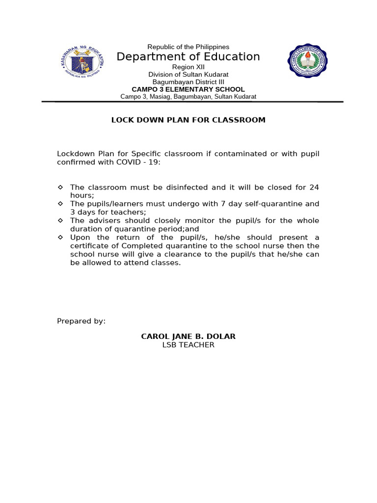 Lock Down Plan for Classroom | PDF