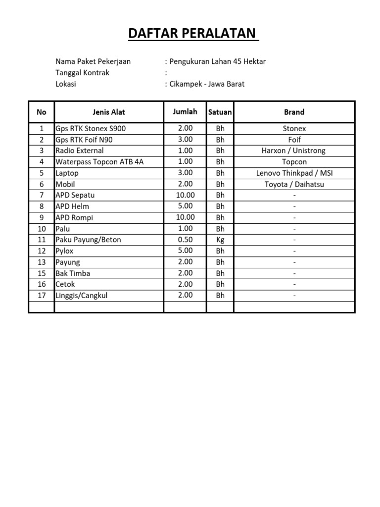 Daftar Peralatan Cikampek | PDF