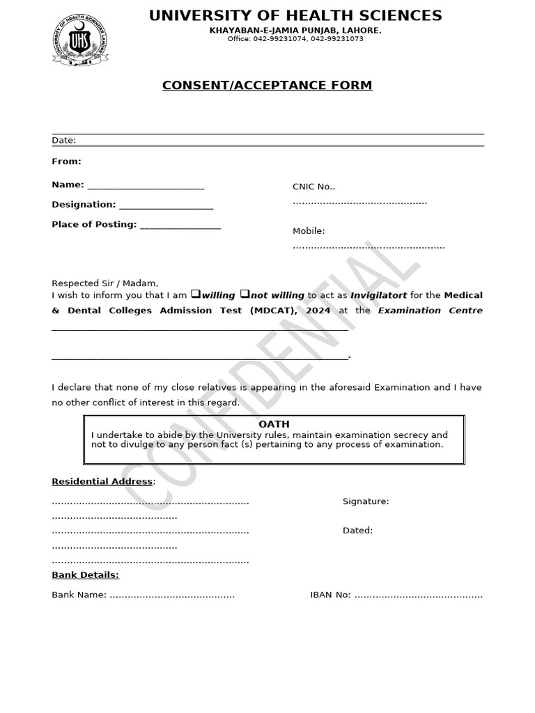 Acceptance Form For MDCAT Invigilators Staff 2024 | PDF