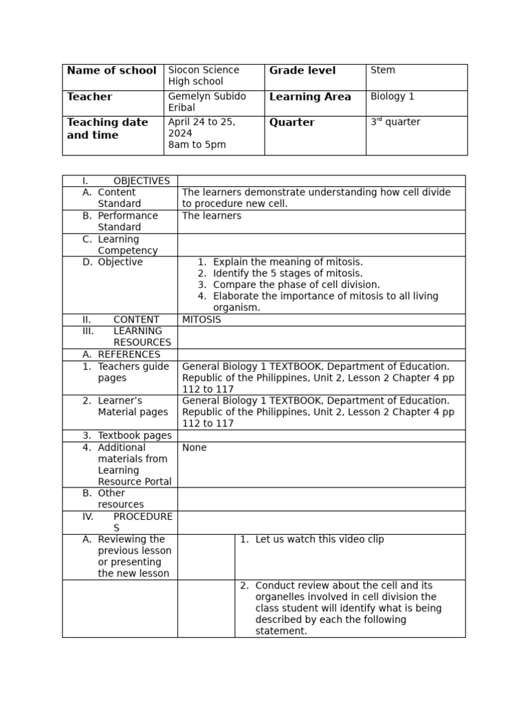 Demo Mitosis Lesson Plan | PDF