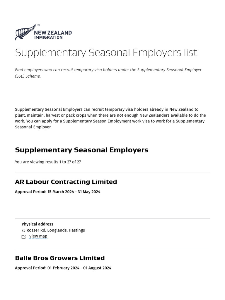 Supplementary Seasonal Employers List - Immigration New Zealand | PDF