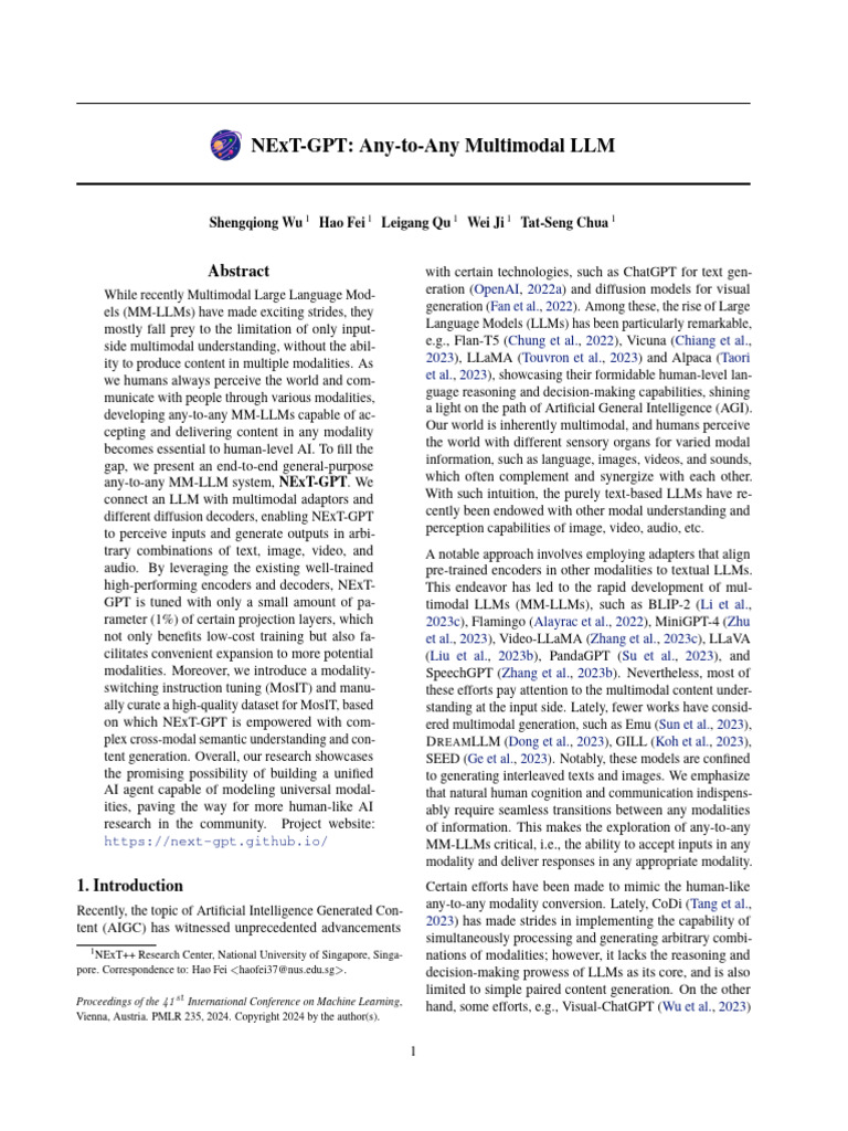 Next-Gpt: Any-To-Any Multimodal LLM: Shengqiong Wu Hao Fei Leigang Qu Wei Ji Tat-Seng Chua | PDF