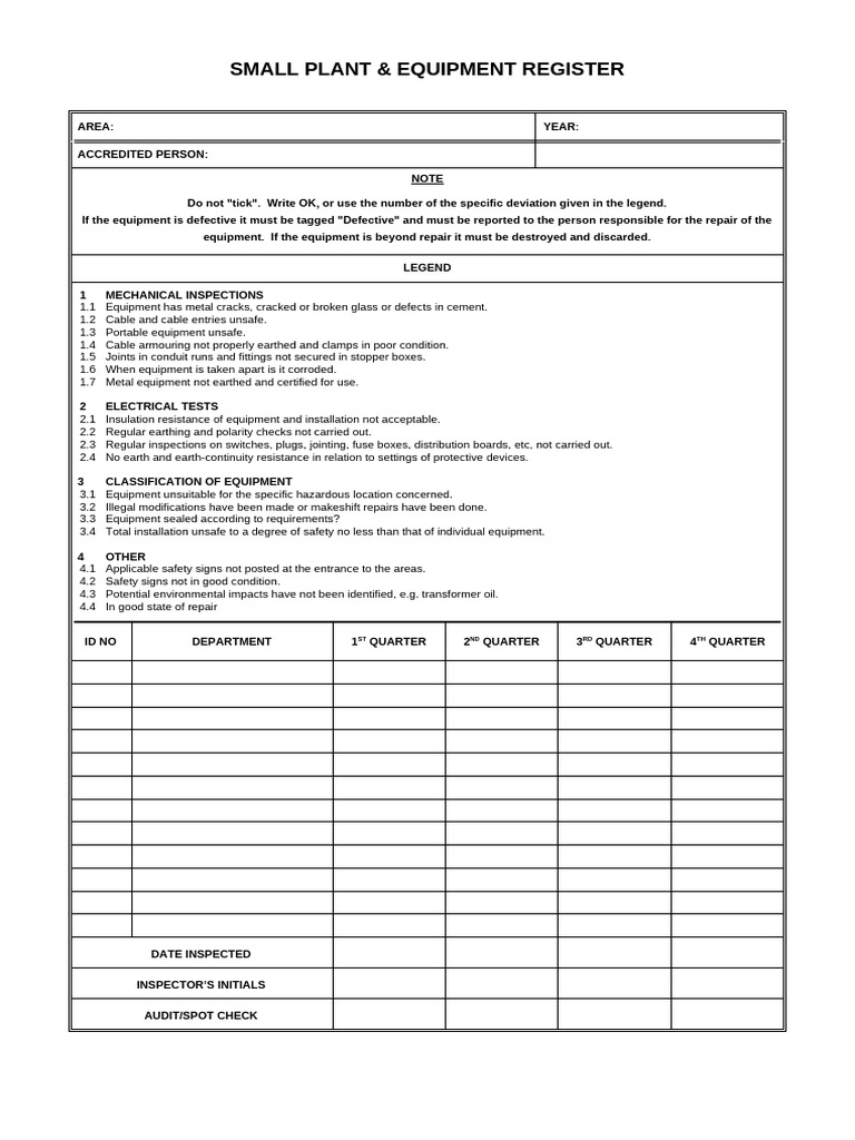 Small Plant and Equipment Register | PDF