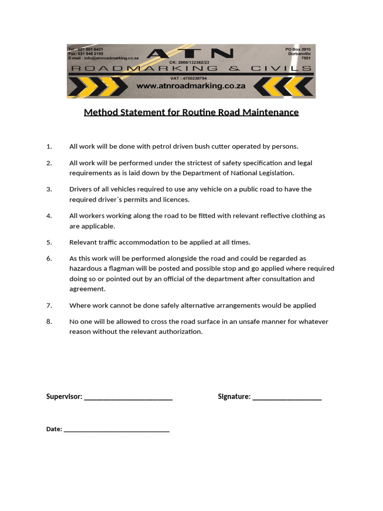 Method Statement Road Maintenance | PDF