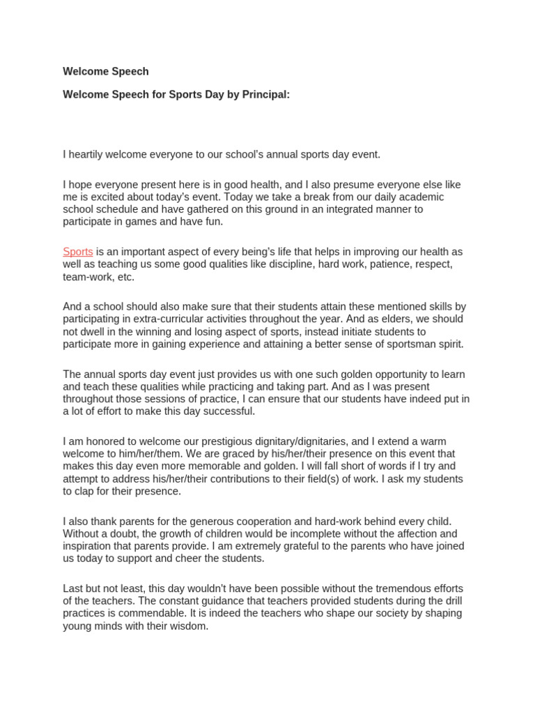 Principal's Welcome Speech for Sports Day | PDF | Social Psychology ...