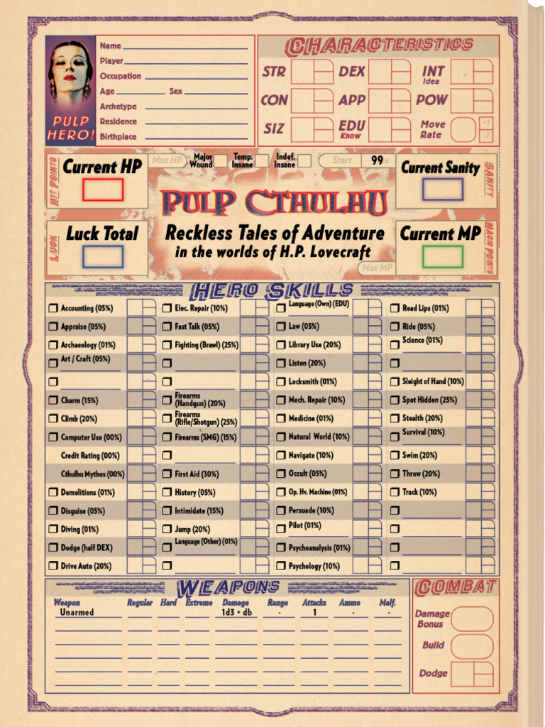 CHA23107 - Pulp Cthulhu - Character Sheet - Basic Autocalc | PDF