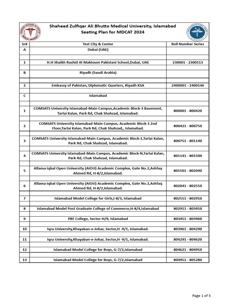 Seating Plan MDCAT 220924 | PDF