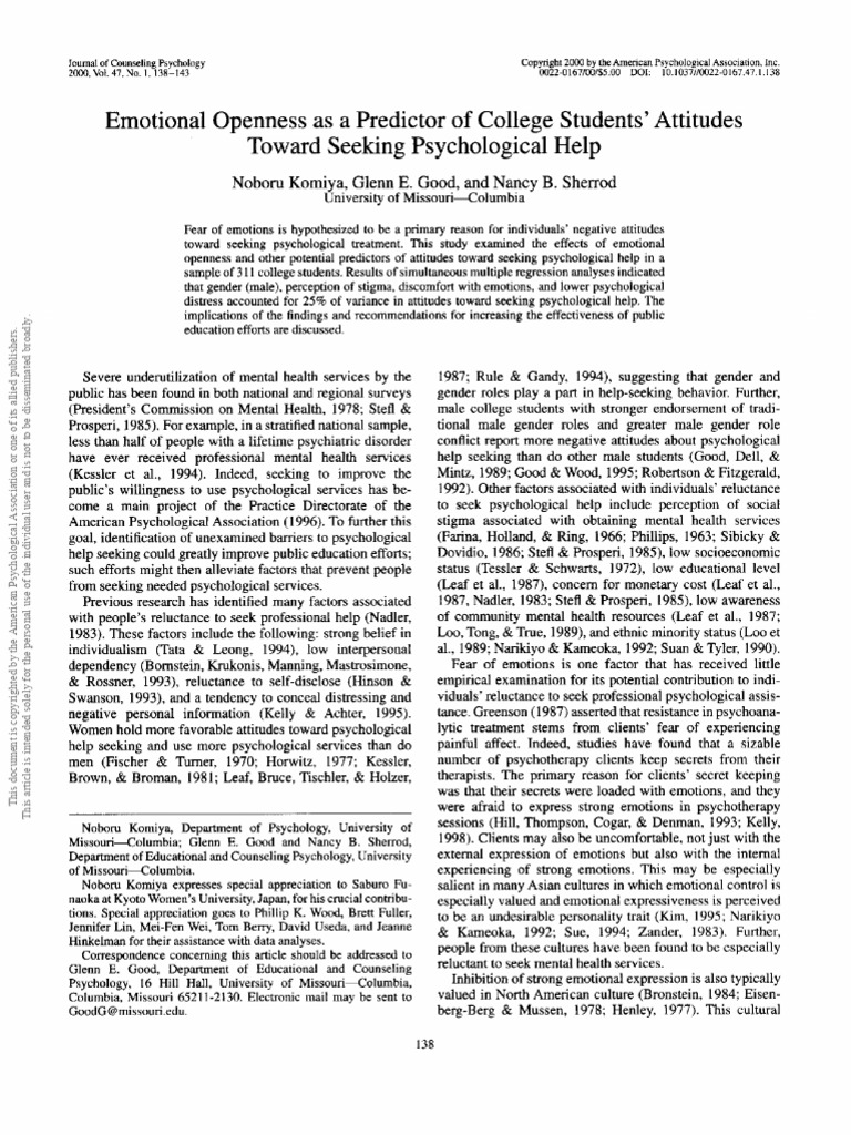 Emotional Openness As A Predictor of College Students Attitudes Toward Seeking Psychological ...