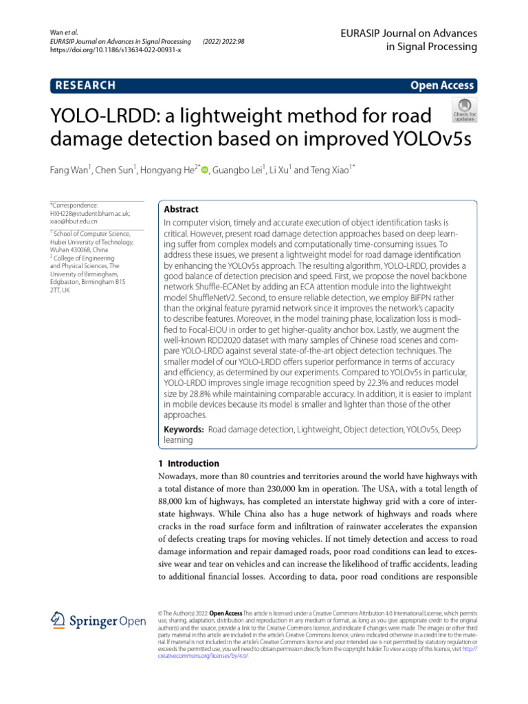A Lightweight Method for Road Damage Detection Based on Improved YOLOv5s | PDF