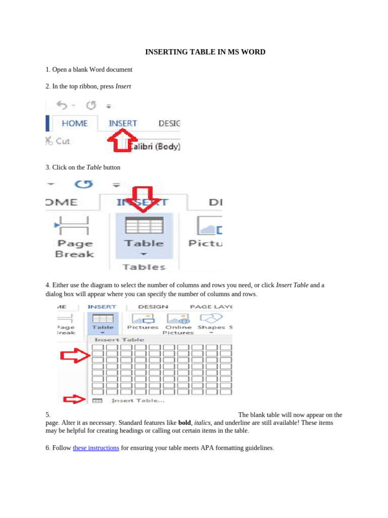 Inserting Table in Ms Word | PDF